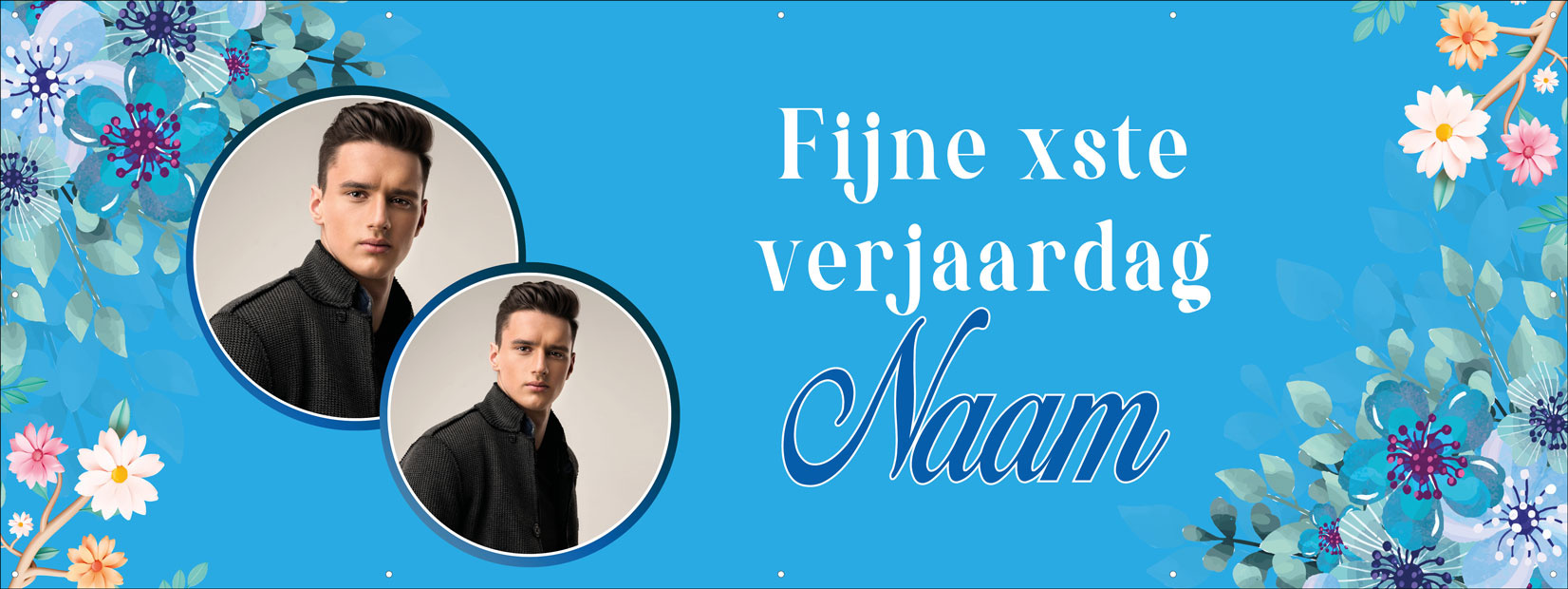 Spandoek met 2 foto's, naam en leeftijd - Witte en blauwe bloemen ...