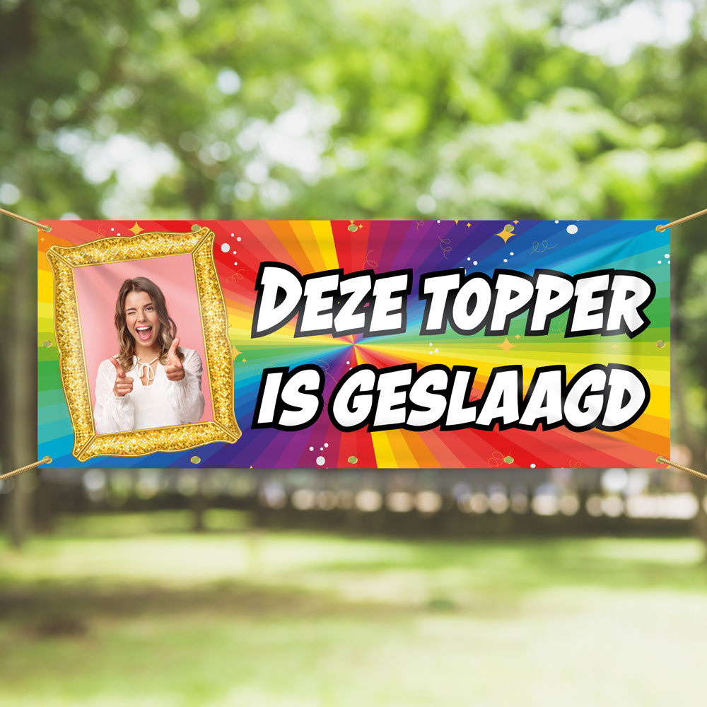 Spandoek 'Deze topper is geslaagd!' - Met foto - Kleurrijk - Fotolijst ...