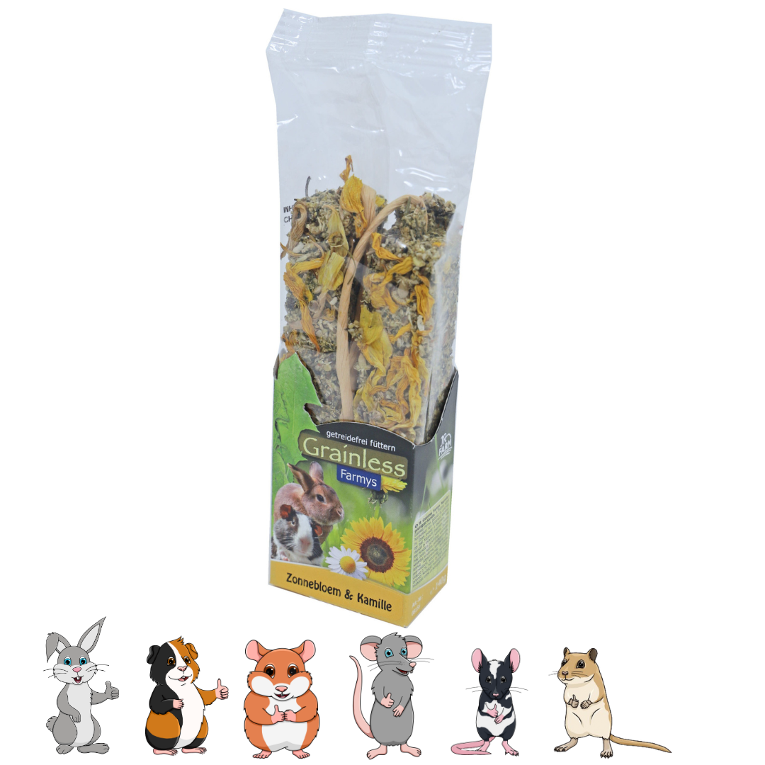 Graanvrije knaagstok met zonnebloem en kamille - 140 gram - Knaagplaza