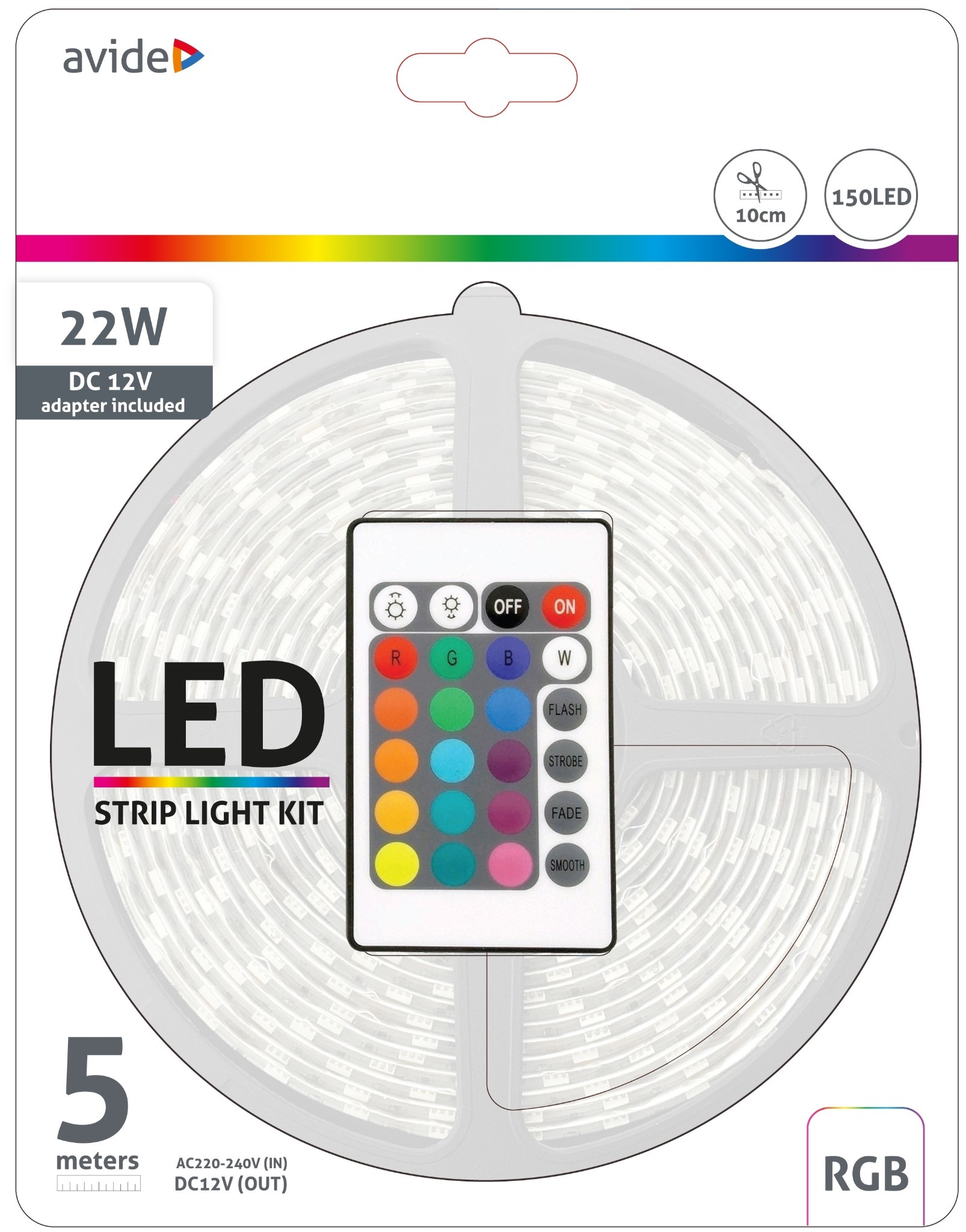 Avide LED list 12V 7.2W RGB IP65 5m komplett kit - LEDProffsen
