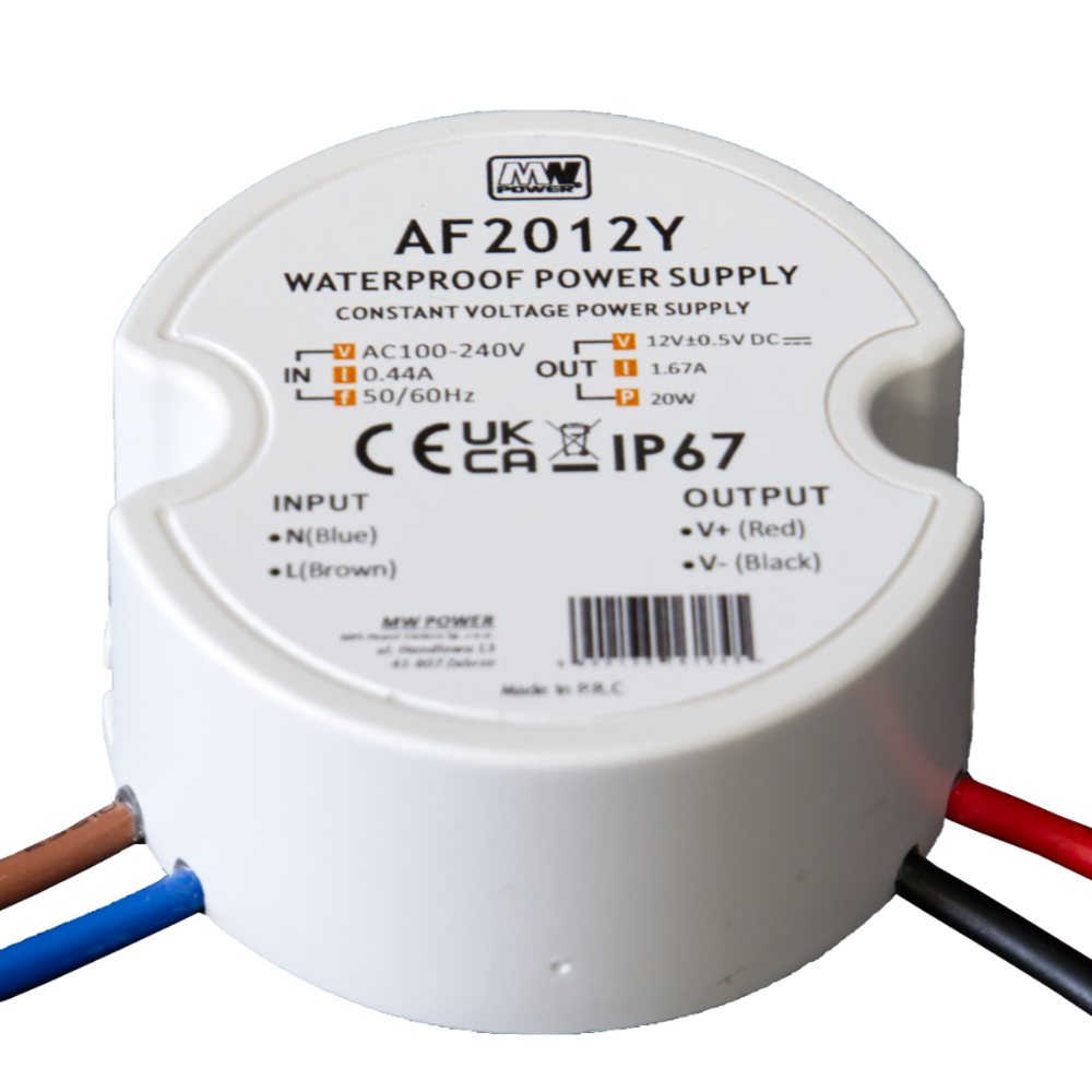 LED voeding 20 watt 12 volt 1,67 Ampère – IP67 waterdicht – AF1512Y