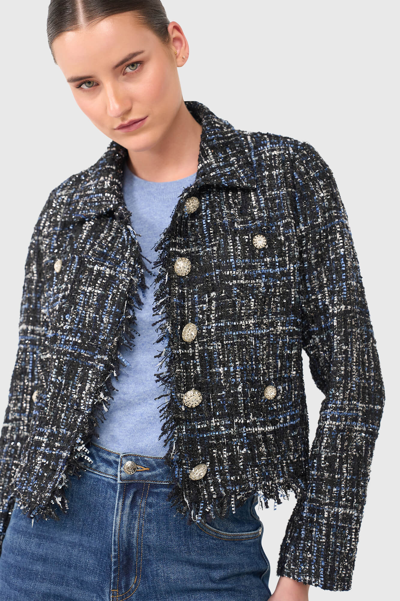 Janice Tatum Tweed Jasje – Blauw dames jasje van tweed - Fresh Tilburg