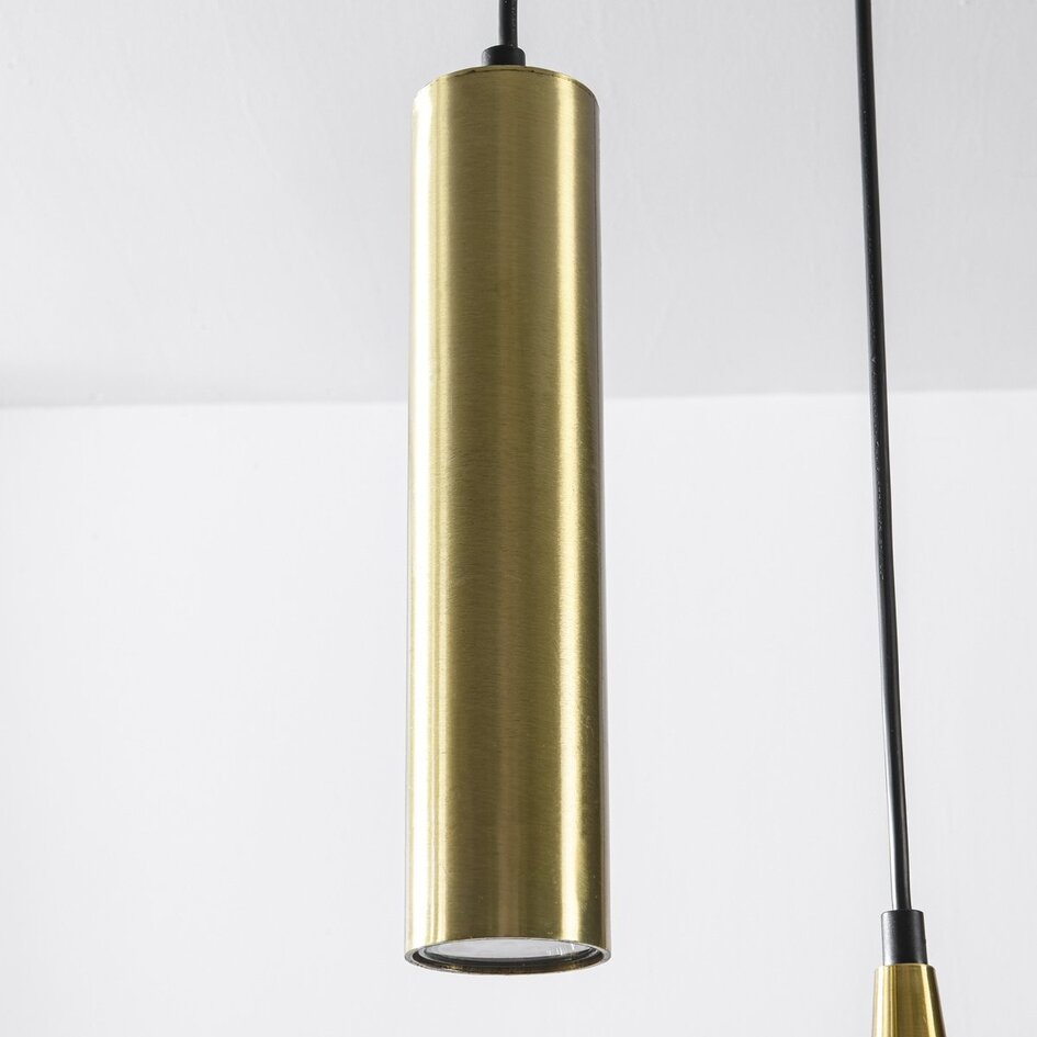 Moderne hanglamp Eloi met twee GU10 spots en drie amber glazen kappen ...