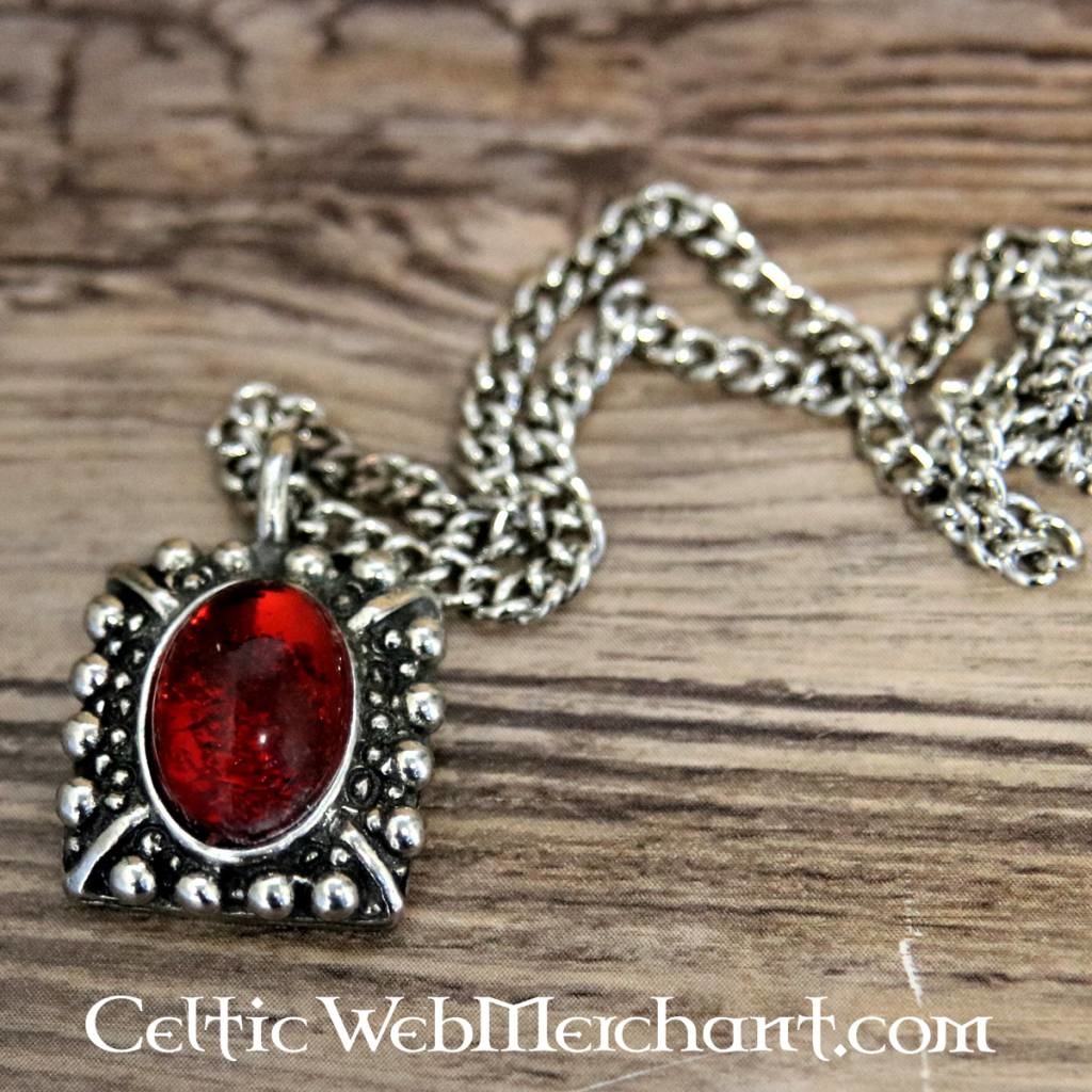 Tudor necklace Elisabeth, red gem, silvered - CelticWebMerchant.co.uk