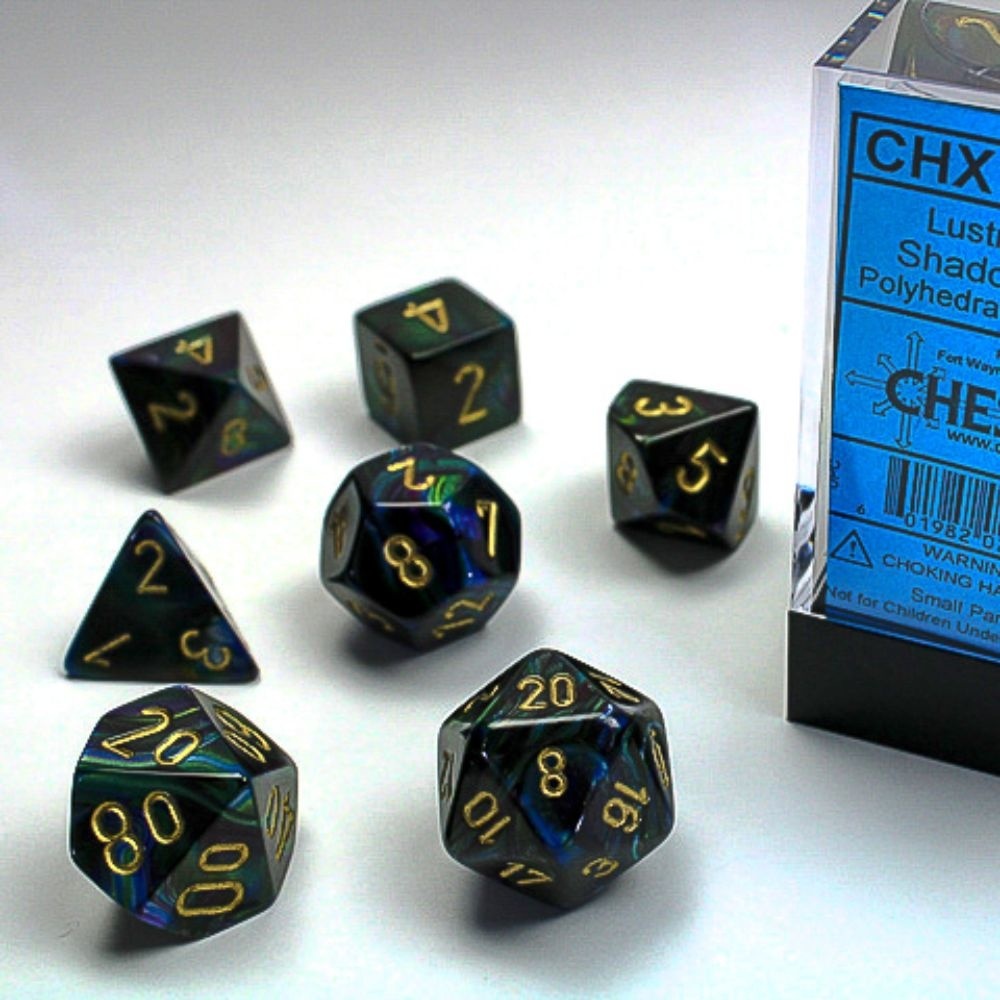 Polyhedral 7 dice set, Lustrous, shadow / gold - CelticWebMerchant.co.uk