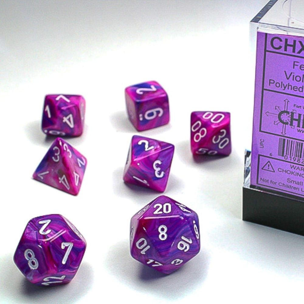 Polyhedral 7 dice set, Festive, violet / white - CelticWebMerchant.co.uk
