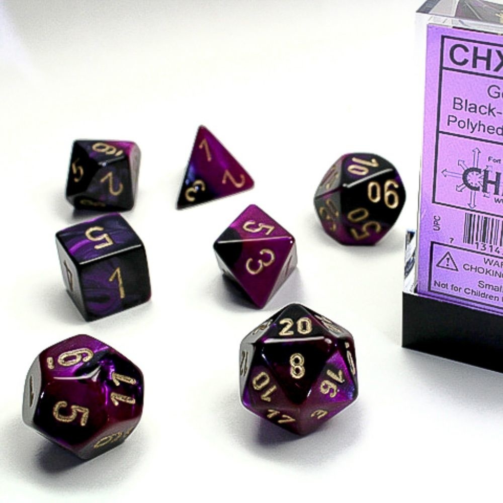 Polyhedral 7 dice set, Gemini, black-purple / gold - CelticWebMerchant.co.uk