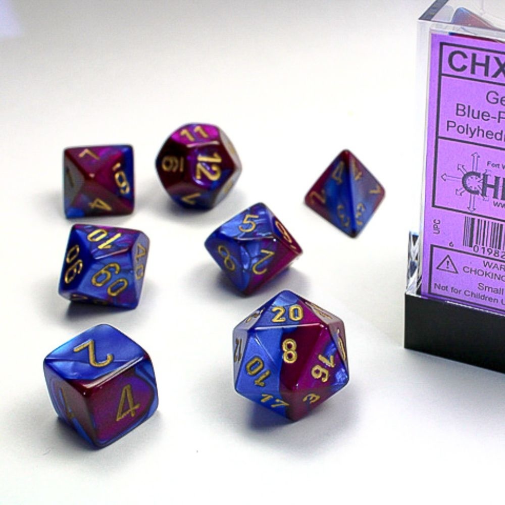 Polyhedral 7 dice set, Gemini, blue-purple /gold - CelticWebMerchant.co.uk