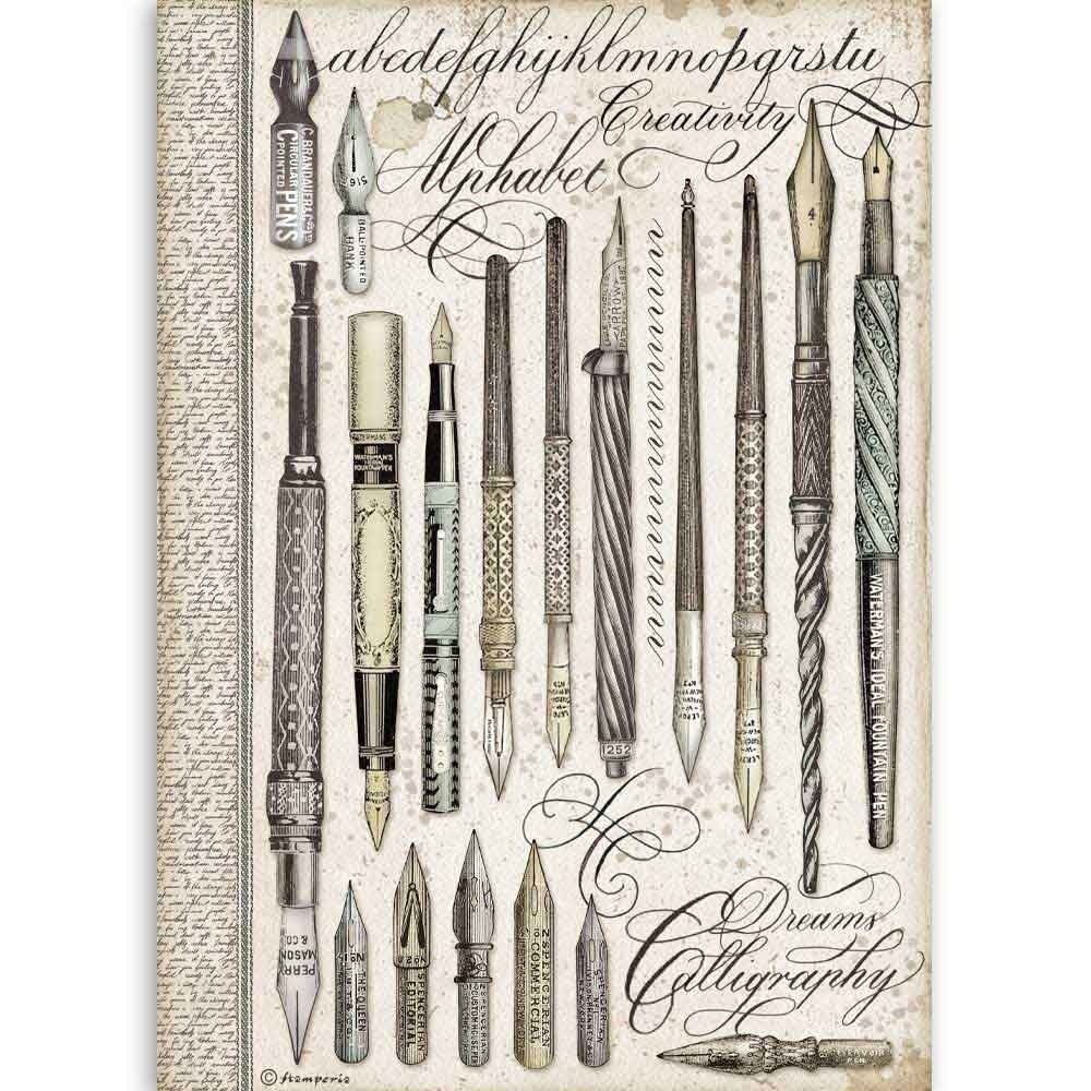 Stamperia Calligraphy Rice Paper A4 Vintage Pens (DFSA4526) - Paperpads.nl