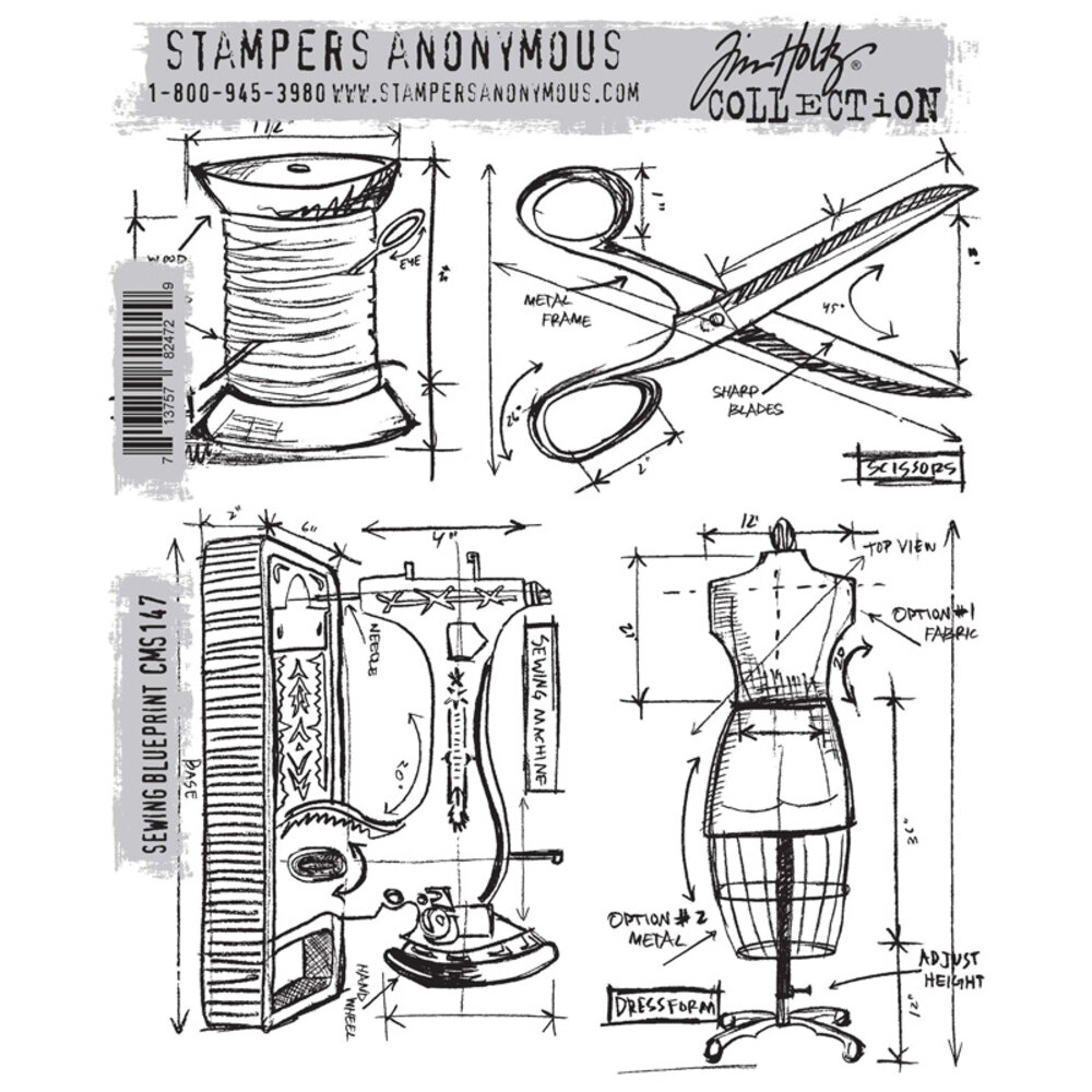 Stampers Anonymous Cling Stamps Sewing Blueprint (CMS147) - Paperpads.nl