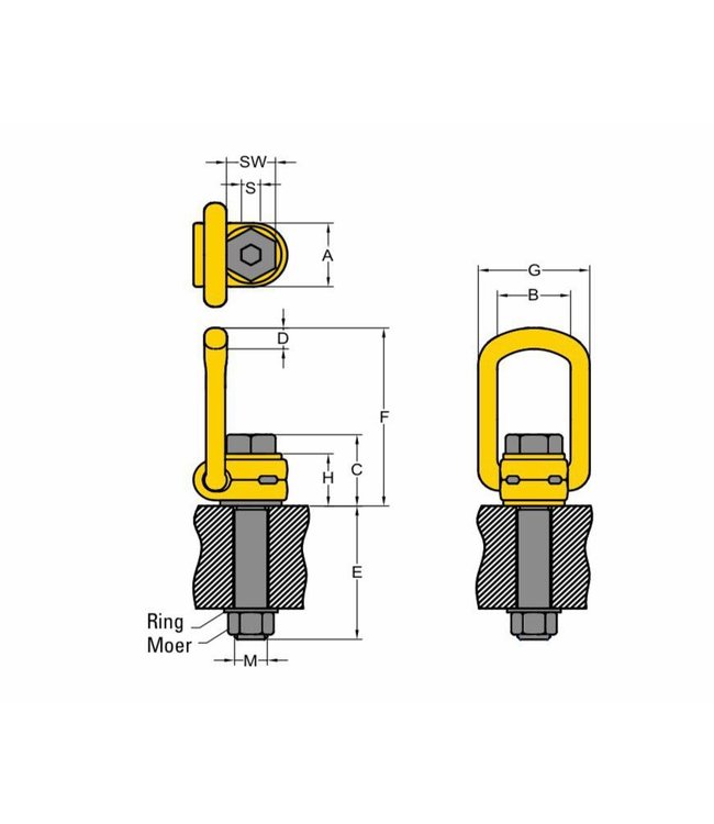 Yoke draai-kantelbaar hijsoog met langere bout Grade 100 - Hijsenenzo BV