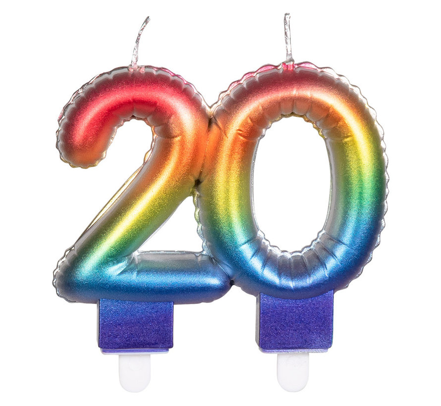Kaars 20 jaar met regenboog kleuren - Partycorner.nl
