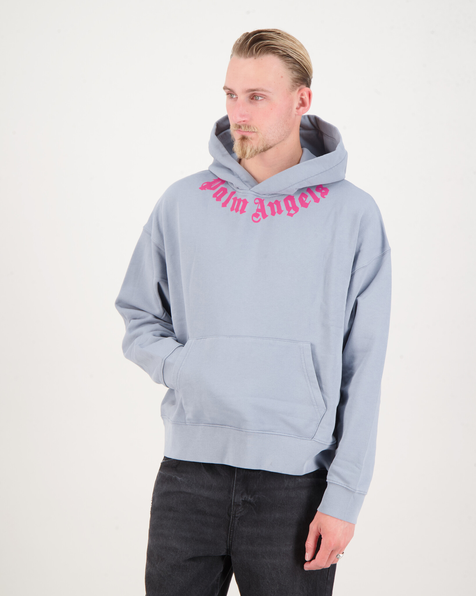 Palm Angels Neck Logo Hoody Grey - Beachim
