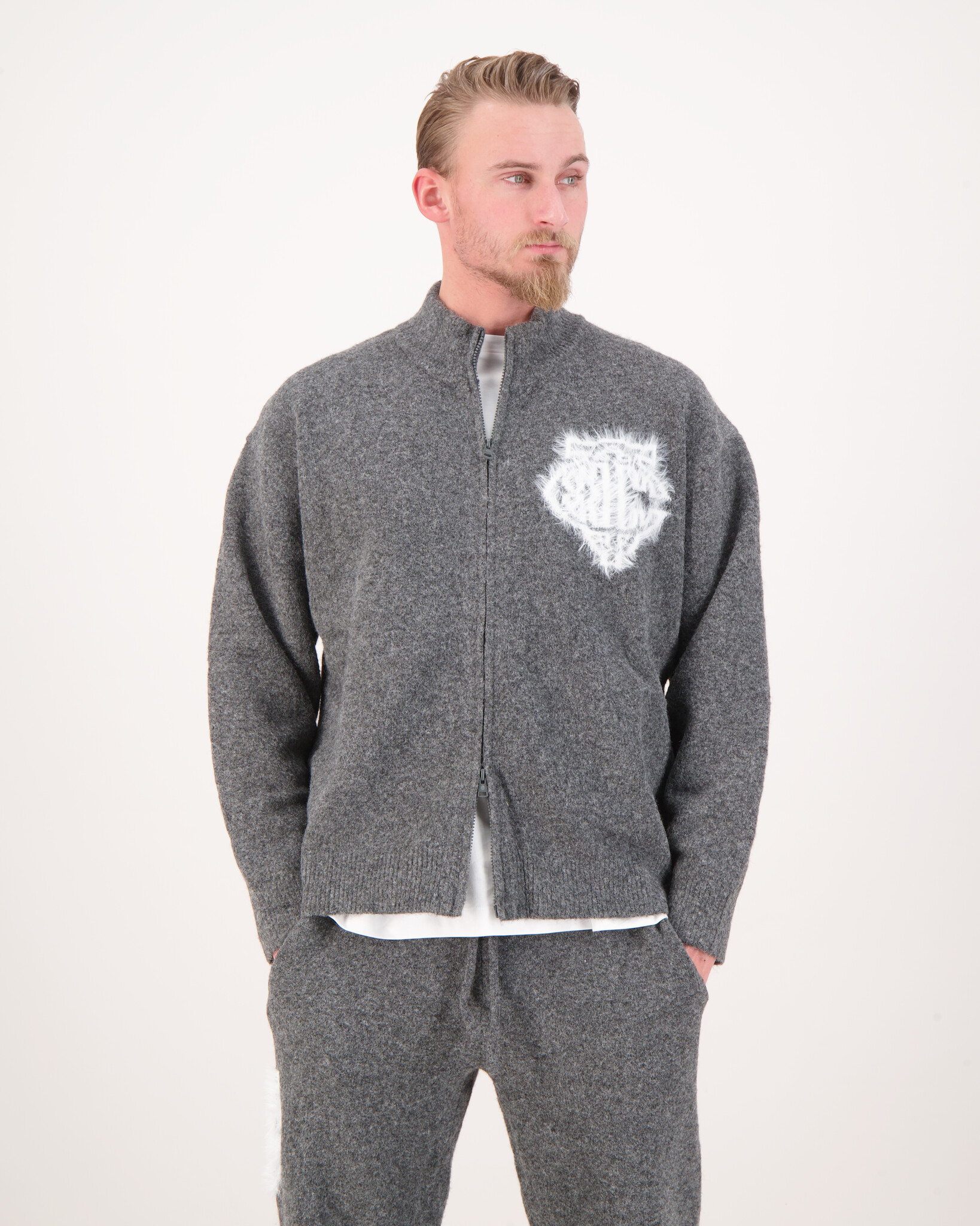 The Couture Club Monogram Emblem Fluffy Knit Zip Charcoal - Beachim