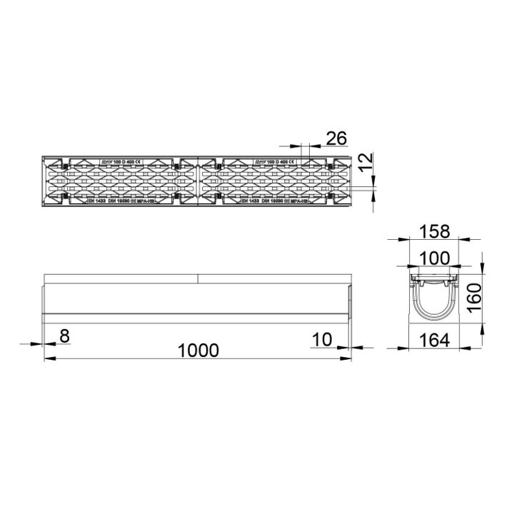 Roostergoot 100mm breed. Maxi 100. L=1m, h=160mm. Langstaaf