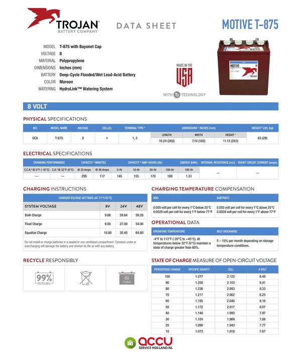 Trojan T-875 Deep-Cycle accu 8 volt 170 ah - Accu Service Holland