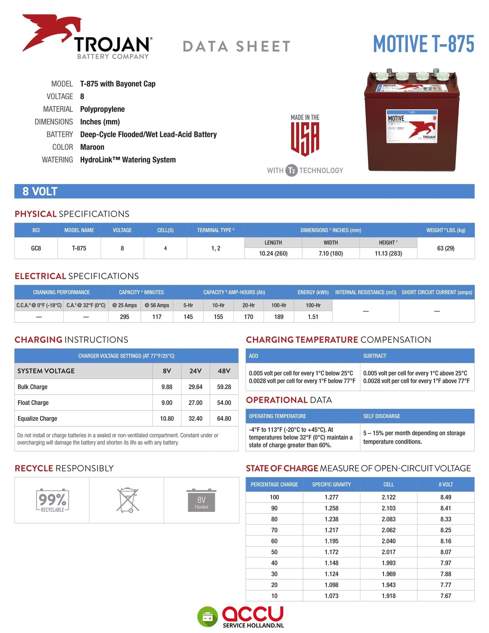 Trojan T-875 Deep-Cycle accu 8 volt 170 ah - Accu Service Holland