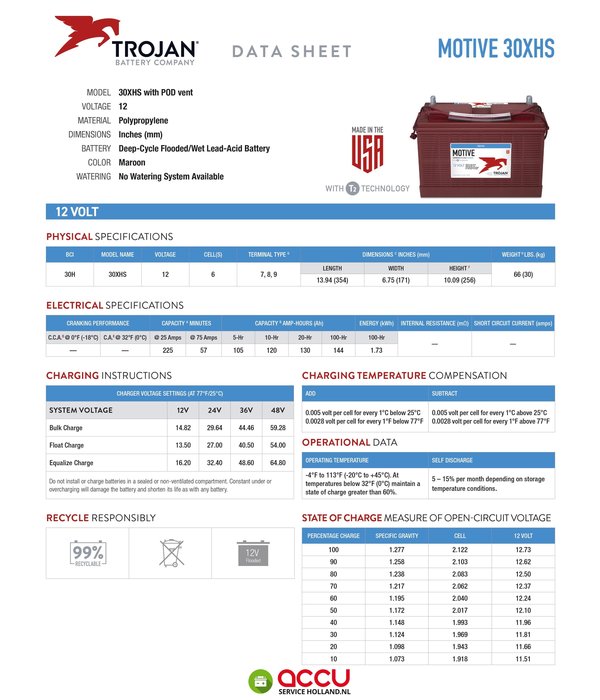 Trojan 30XHS Deep-Cycle accu 12 volt 130 ah - Accu Service Holland
