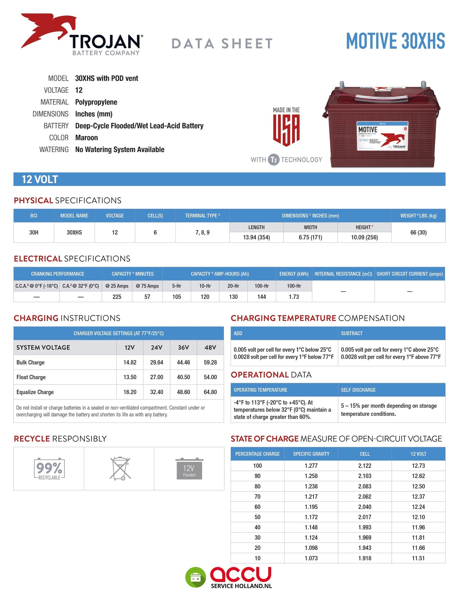 Trojan 30XHS Deep-Cycle accu 12 volt 130 ah - Accu Service Holland