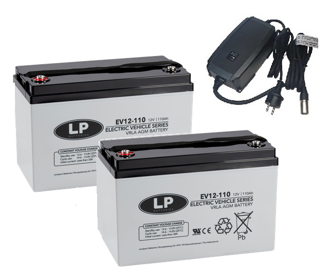 Set van 2 stuks EV12-110 AGM accu's + IMPULS II acculader 24v 11A - Accu Service Holland