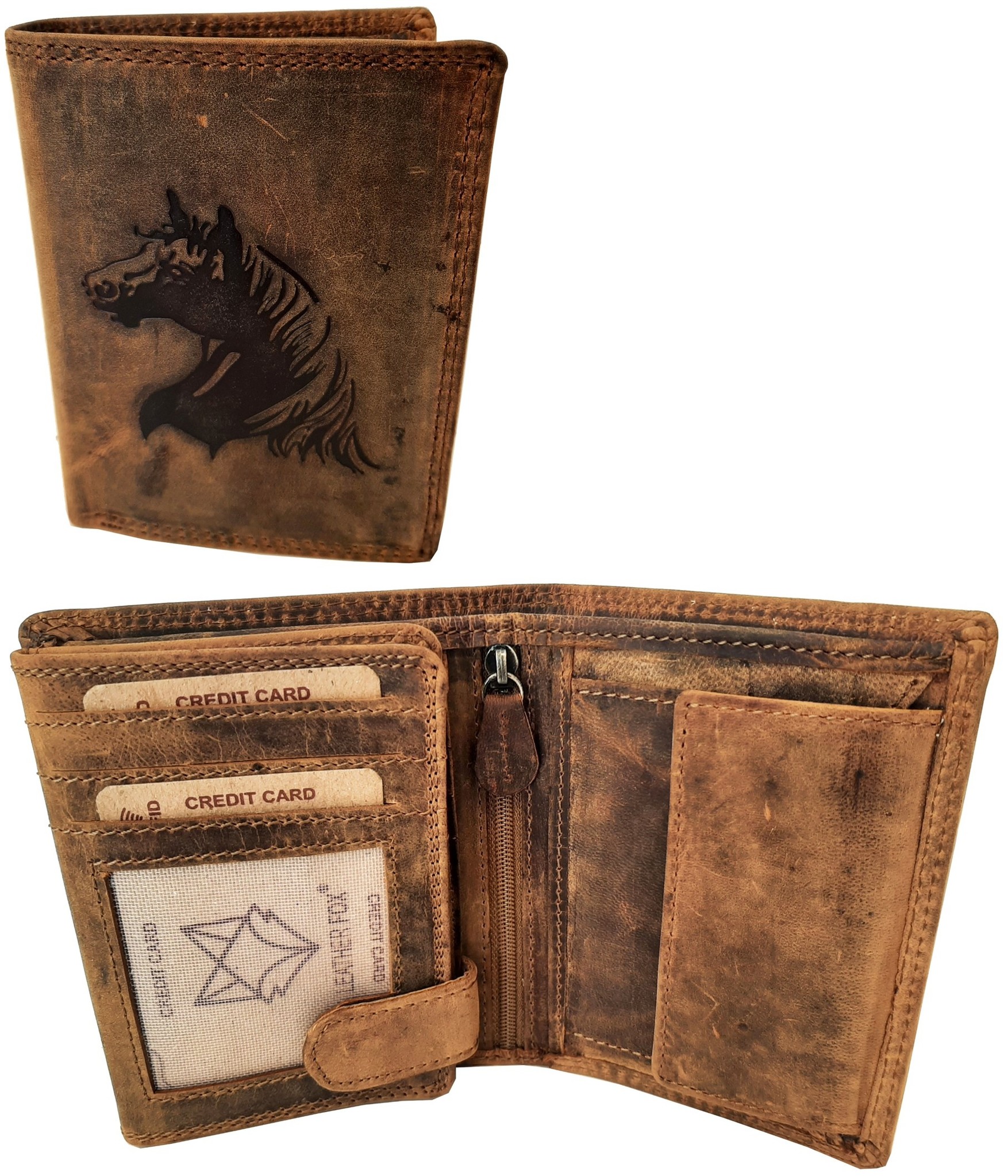 Portemonnee Leer 9x12cm. met Paard opdruk bruin - Groothandel Karssen