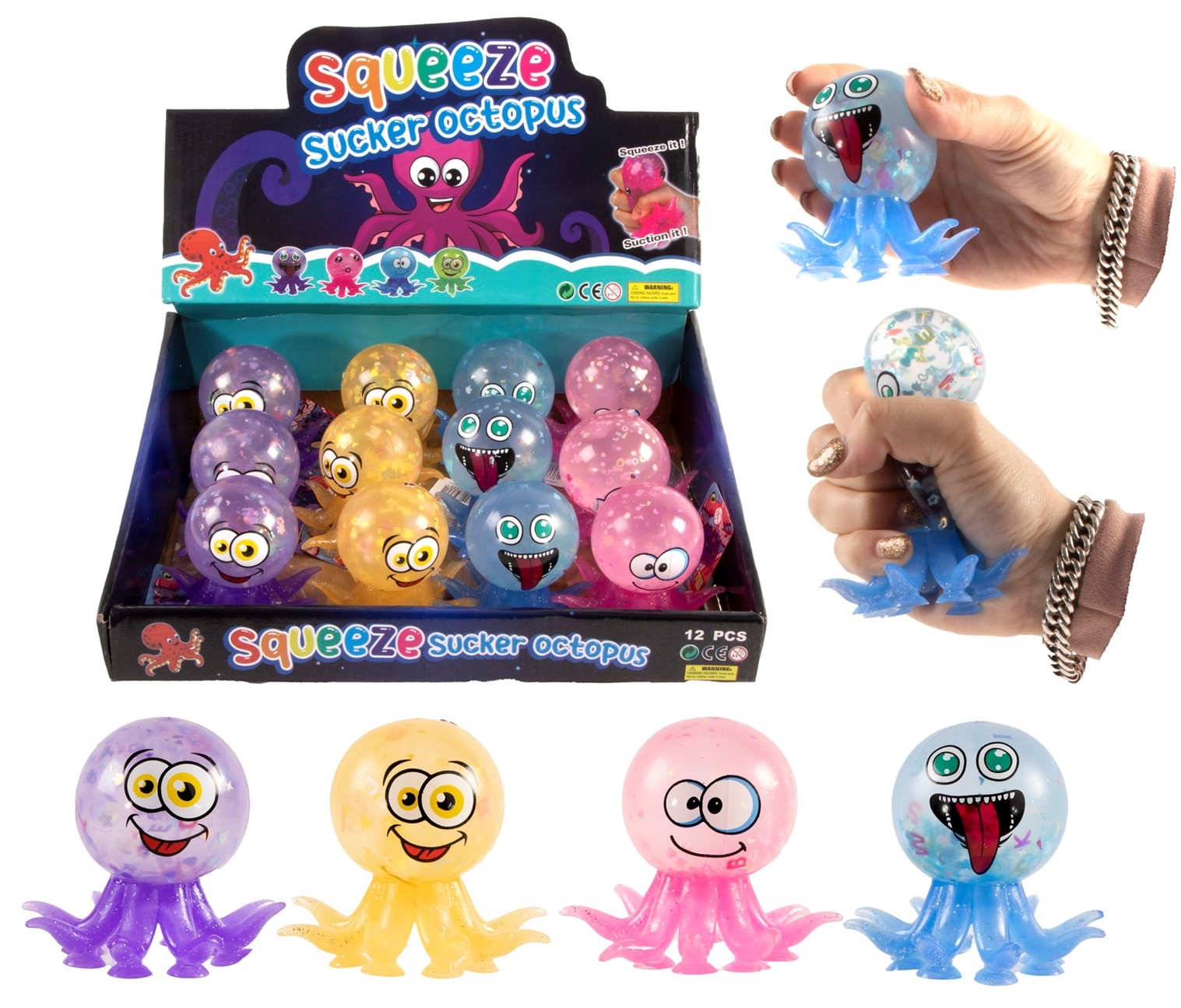 Squeeze Octopus 7,5cm. 4 assorti kleur - Groothandel Karssen