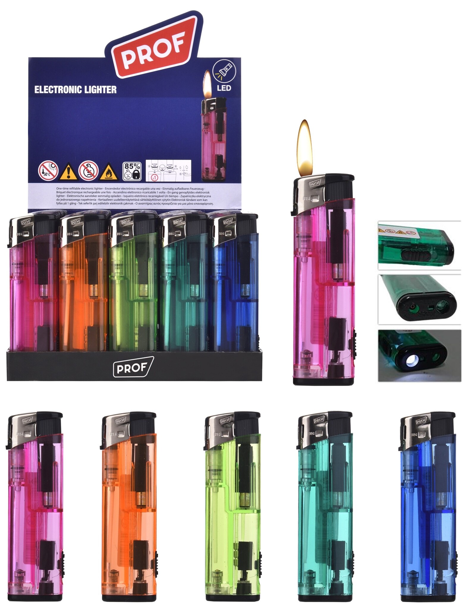 Prof Aansteker Electronisch met LED Licht 5 assorti kleur - Groothandel ...