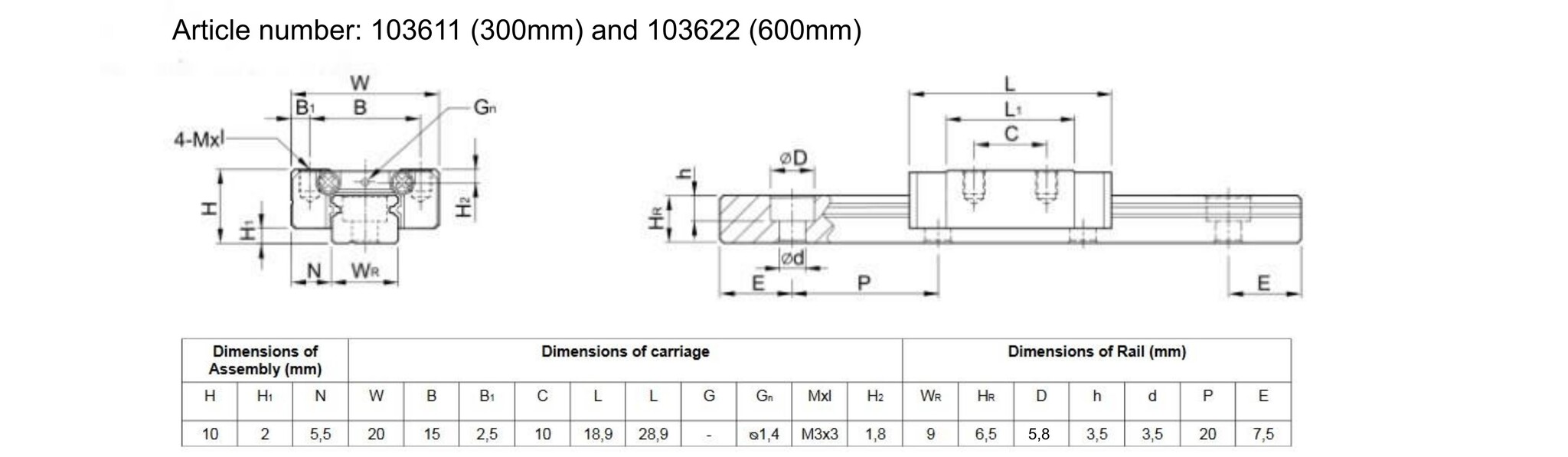 300mm, linear slide rail and carriage - MakerBeam