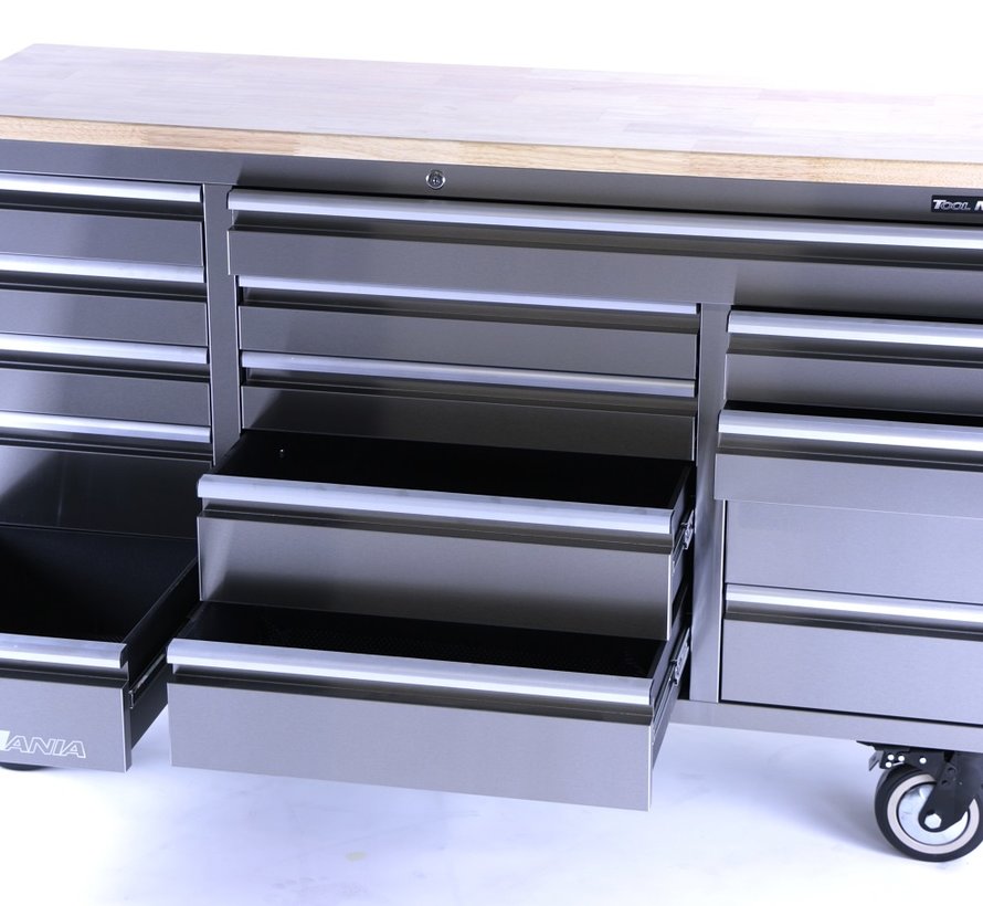 TM TM 161 cm Profi stainless steel tool trolley / workbench with wooden ...