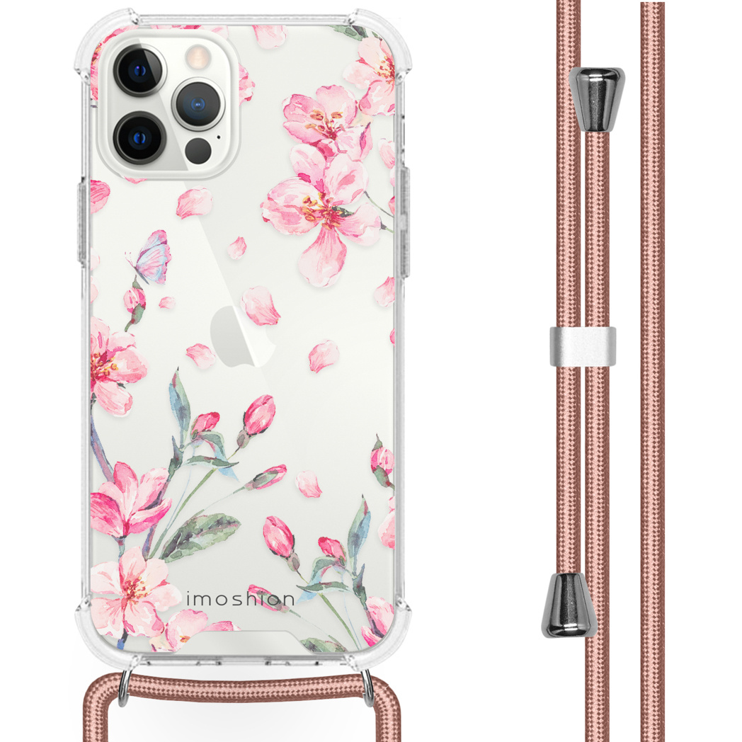 Design hoesje met koord iPhone 12 Pro Max - Bloem - Roze