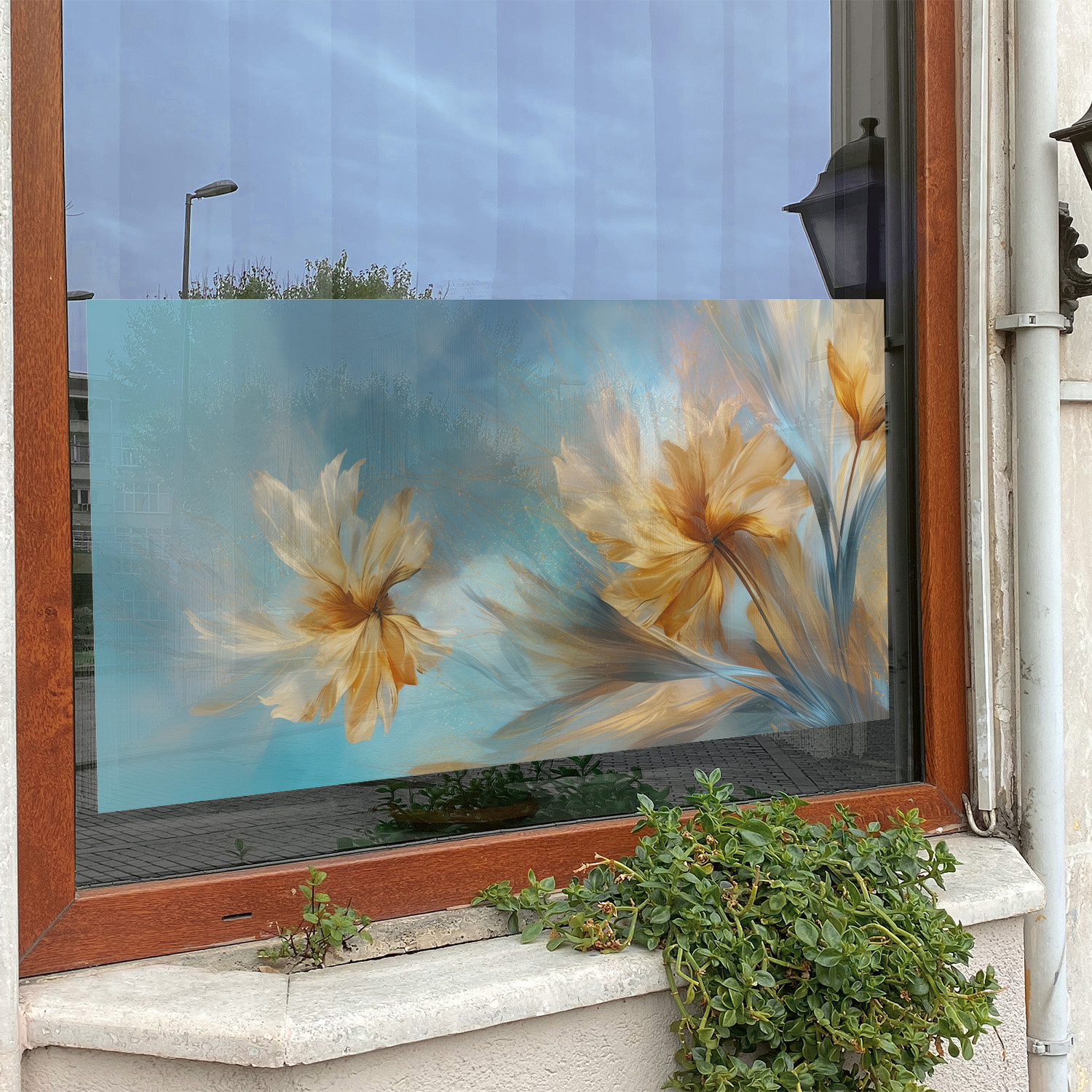 Raamfolie abstract goud en blauw bloemmotief - Muursticker4sale