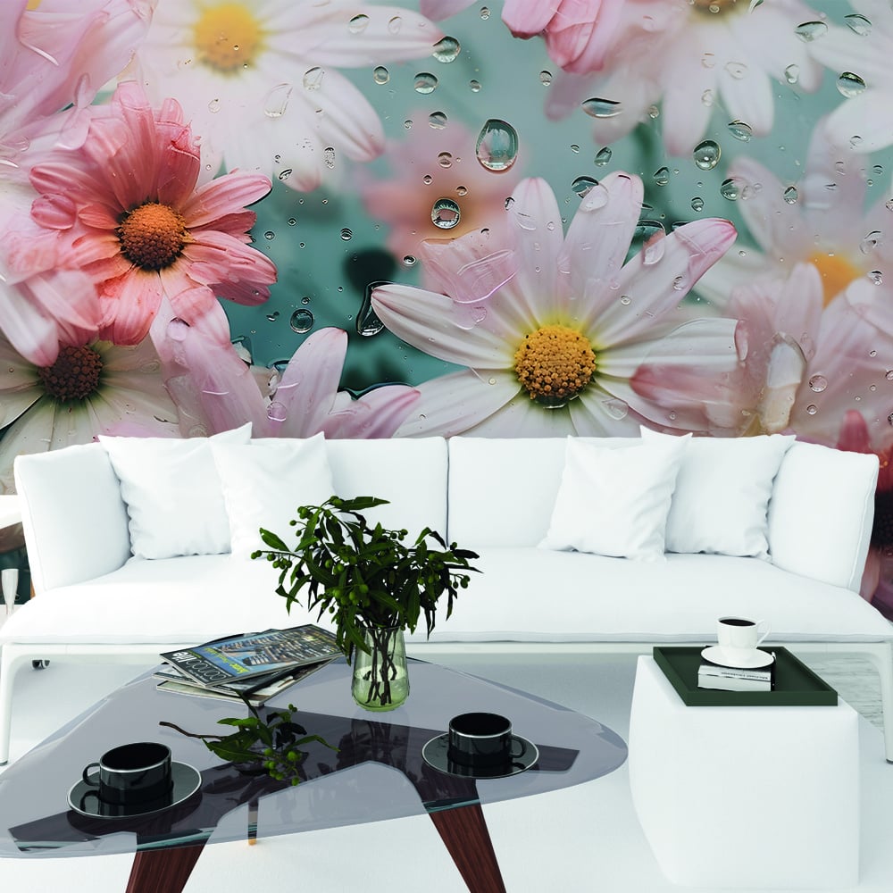 Behang Bloemen met regen - Muursticker4sale