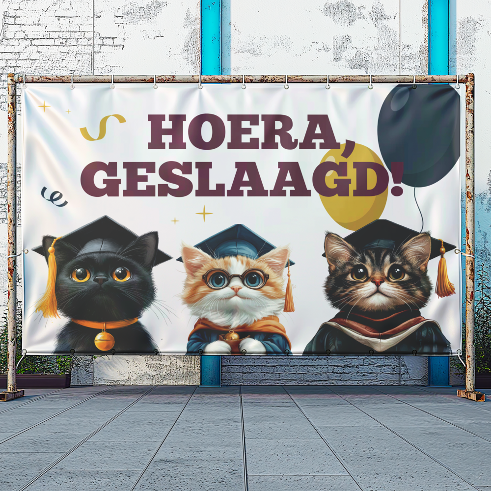Spandoek Hoera geslaagd! met poesen - Muursticker4sale