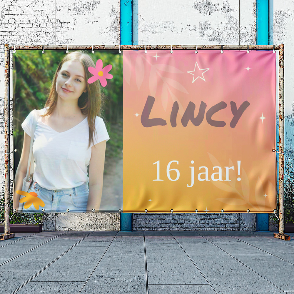 Verjaardag spandoek met naam en foto - Muursticker4sale