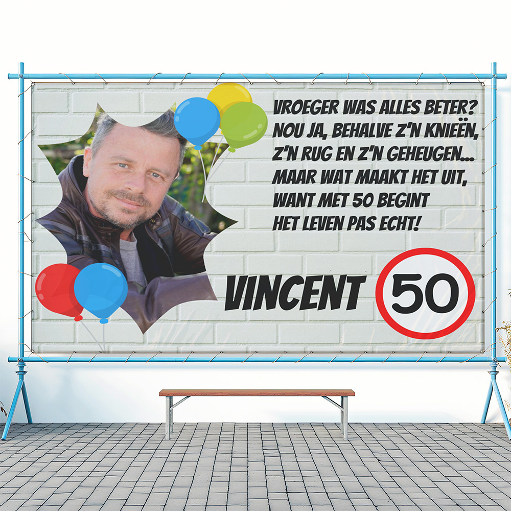 Spandoek 50 jaar met eigen tekst - Muursticker4sale