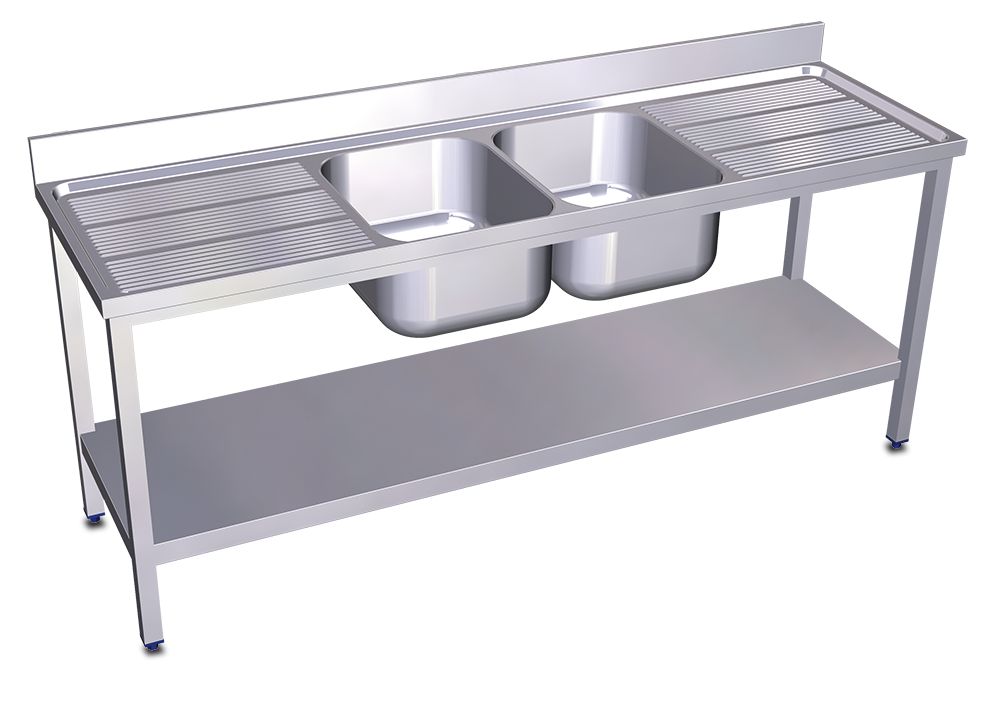 Dubbele spoelbak met 2 afdruipplaten met onderplaat - INOX-RVS.COM