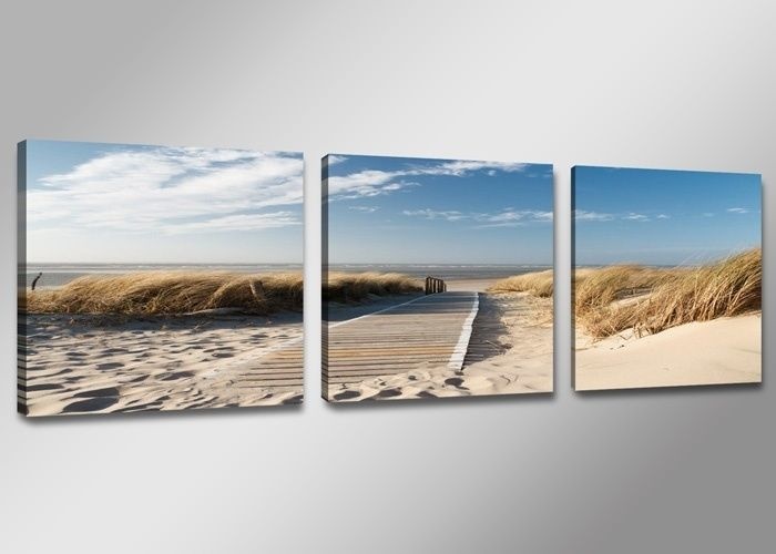 Canvas Schilderij - Uitzicht op Noordzee, Blauw/Beige, 150X50cm, 3luik - QM Art BV