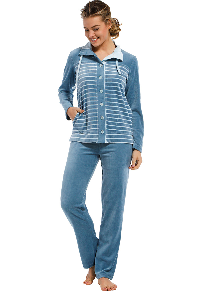Pastunette blue soft cotton velvet striped homesuit with buttons ...