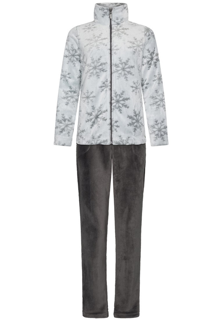 Dames huispak met ritssluiting van flanel-fleece silver snowflakes ...