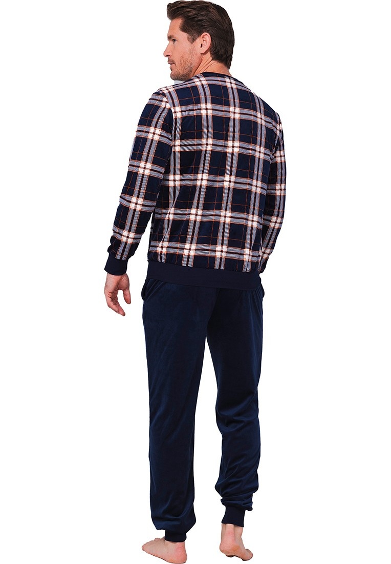 mens blue velvet home lounge suit modern checks - Pyjama-direct