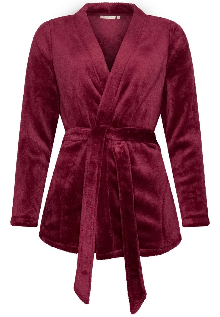 Korte, rode, coral-fleece kimono/huisjas met ceintuur chic comfort ...
