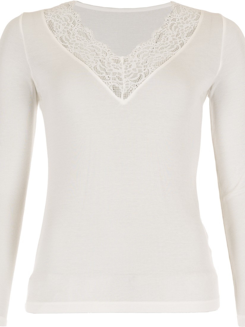 ecru top met lange mouwen en v-hals met kant - Pyjama-direct