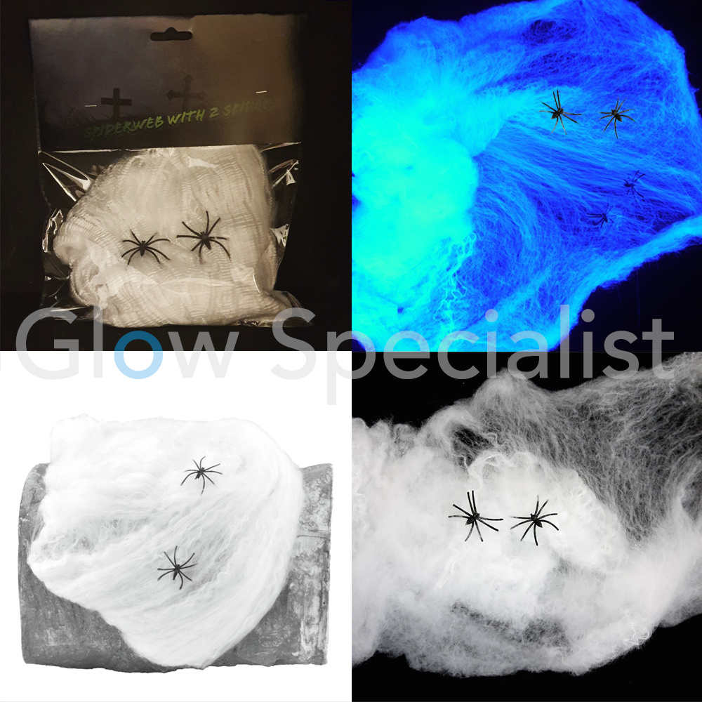 HALLOWEEN SPINNENWEB MET 2 SPINNEN - UV - 20 GRAM - koopt u bij Glow ...
