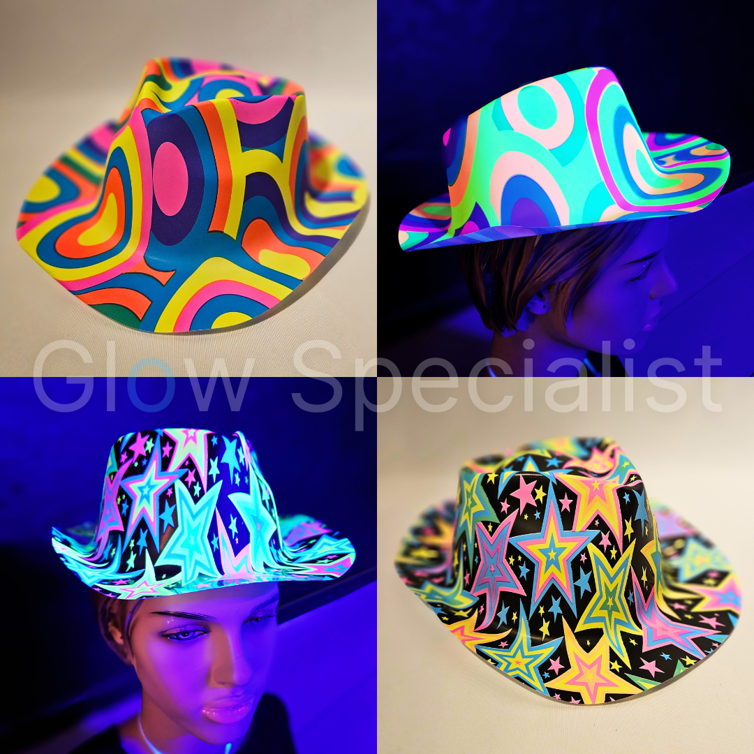 UV / BLACKLIGHT FEESTHOED - RETRO - GROOT - SET VAN 2- Glow Specialist ...