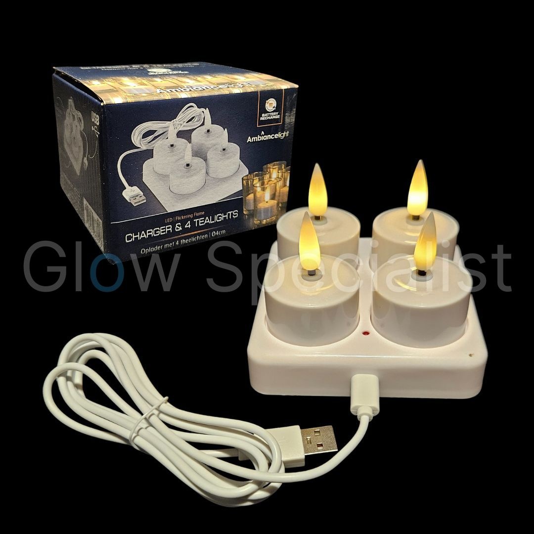 4 RECHARGEABLE LED TEA LIGHTS - INCL. CHARGER - WHITE - Glow Specialist