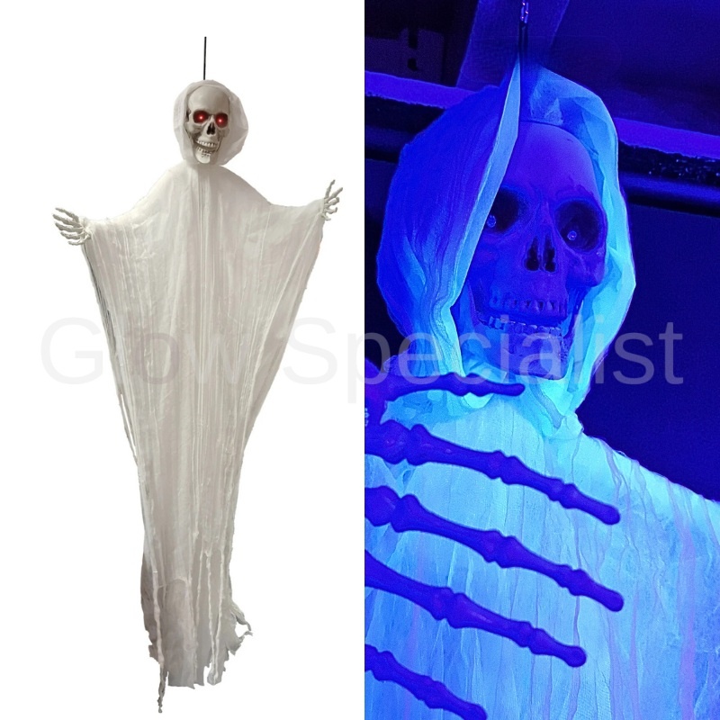 UV SKELETON GHOST - WHITE CAPE - HALLOWEEN - 140 CM - MOVEMENT, SOUND ...