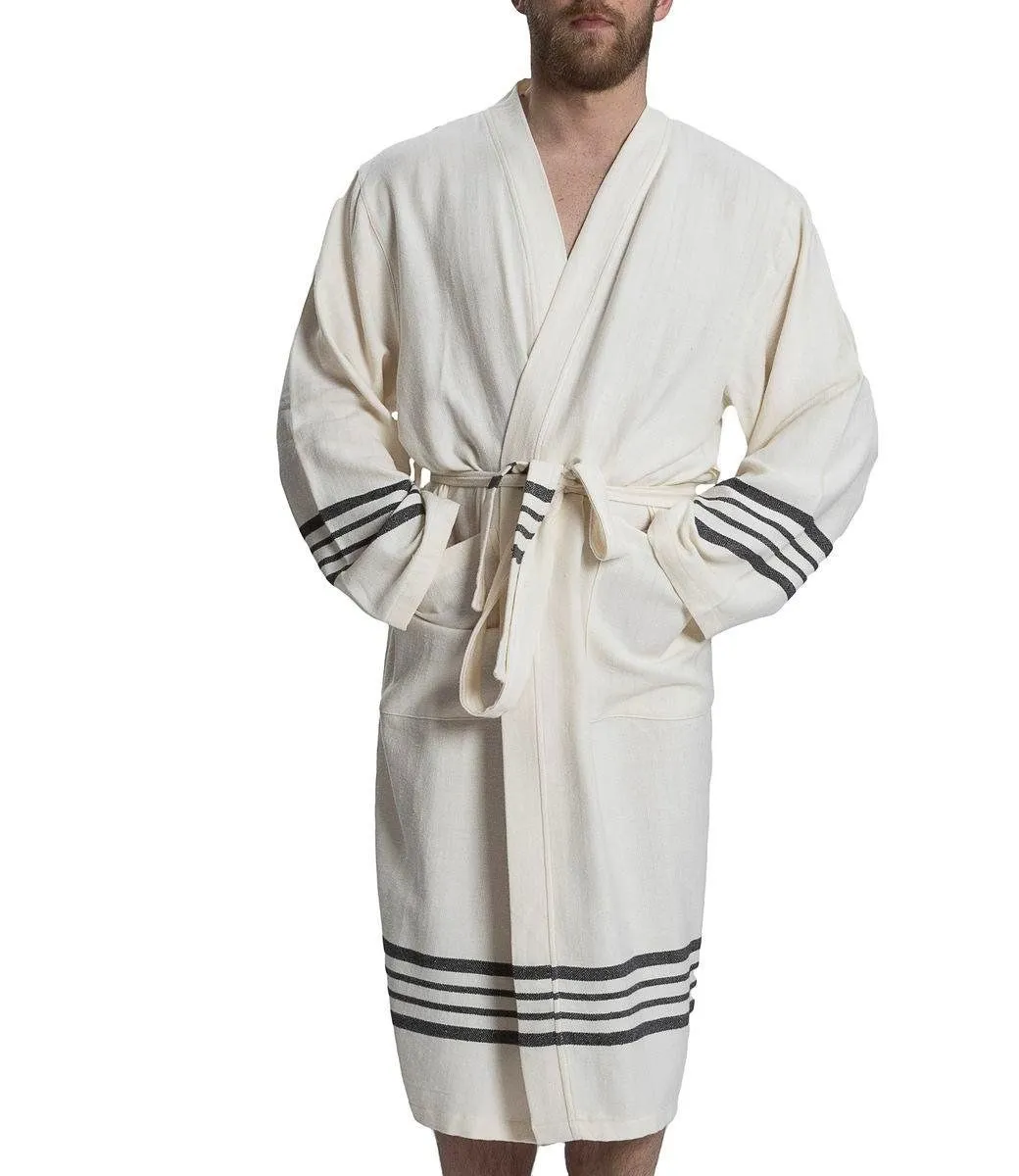 Hamam badjas heren | Natural variant met zwarte strepen - Hamamdoeken.com