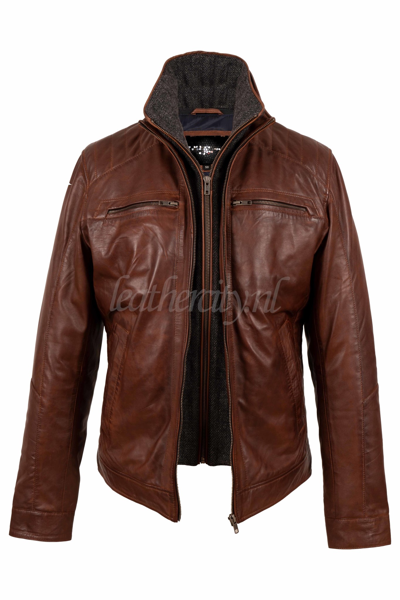 Heren leren jas bruin met afnembaar kraag - Leather City