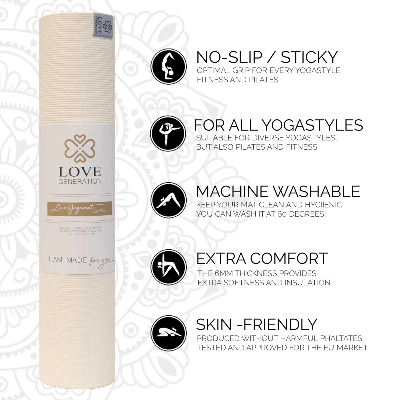 Yoga Mat │ Extra Thick │ Love Generation │ White - Yogashop