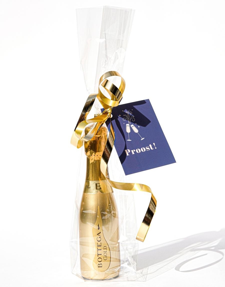 Mini flesje prosecco Bottega Gold in doorzichtig folie en wenskaartje ...